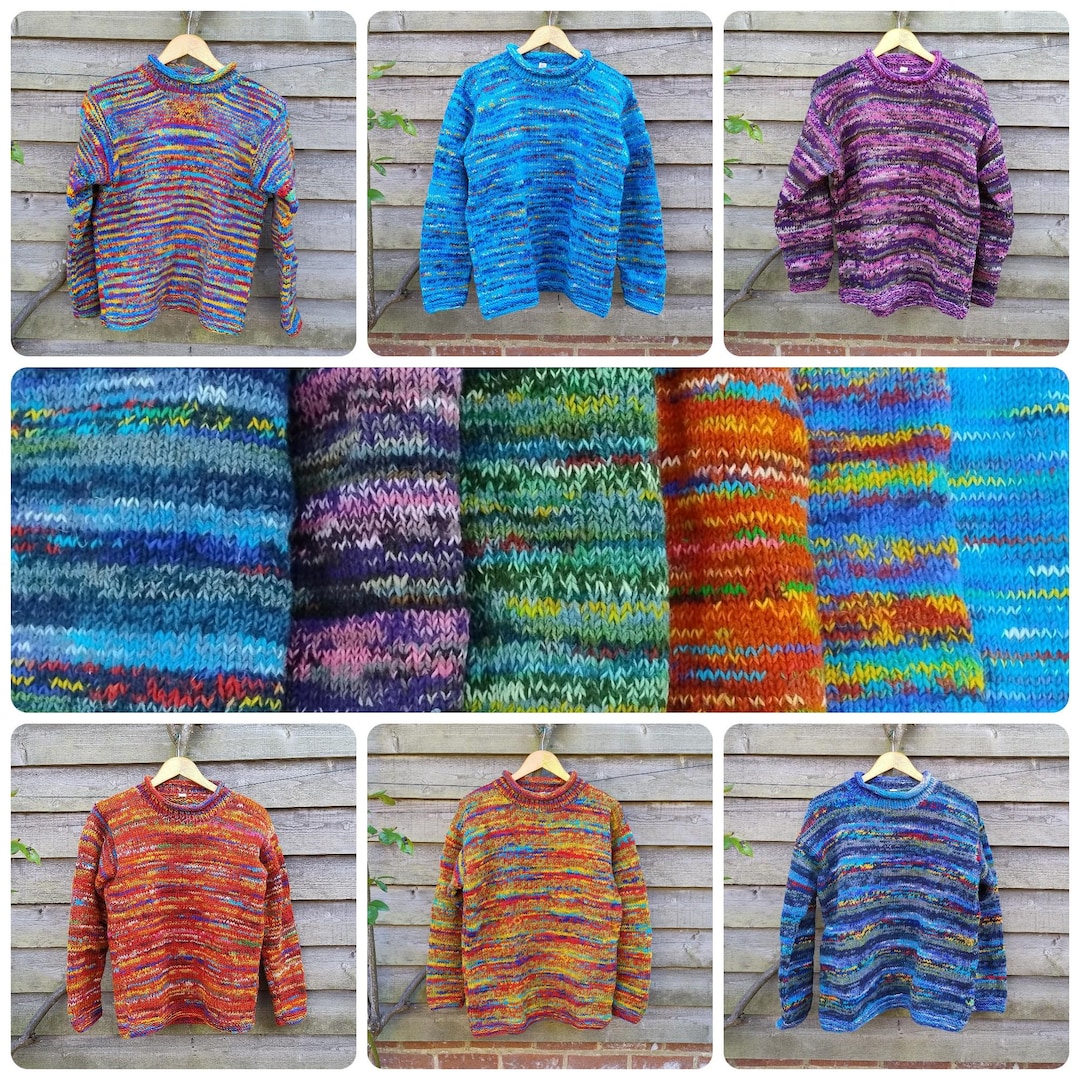 Hand Knitted Wool Jumper Warm Roll Neck Sweater 100% Wool Colourful ...