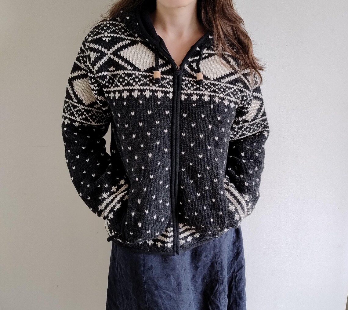 Fairisle Wool Cardigan Fleece Lined Warm Knit Hooded Jacket Hand ...