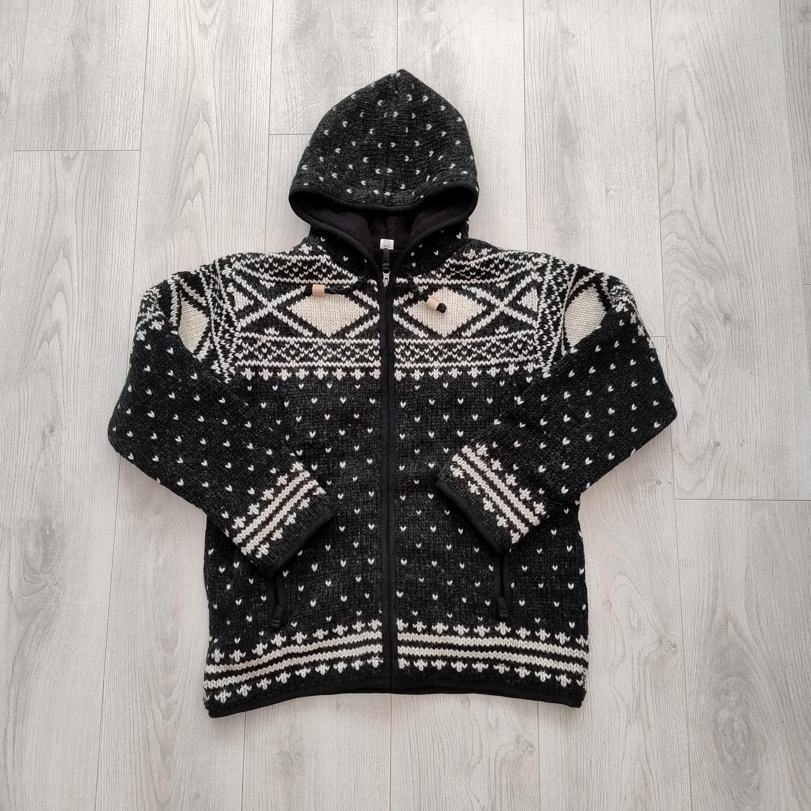 Fairisle Wool Cardigan Fleece Lined Warm Knit Hooded Jacket Hand ...