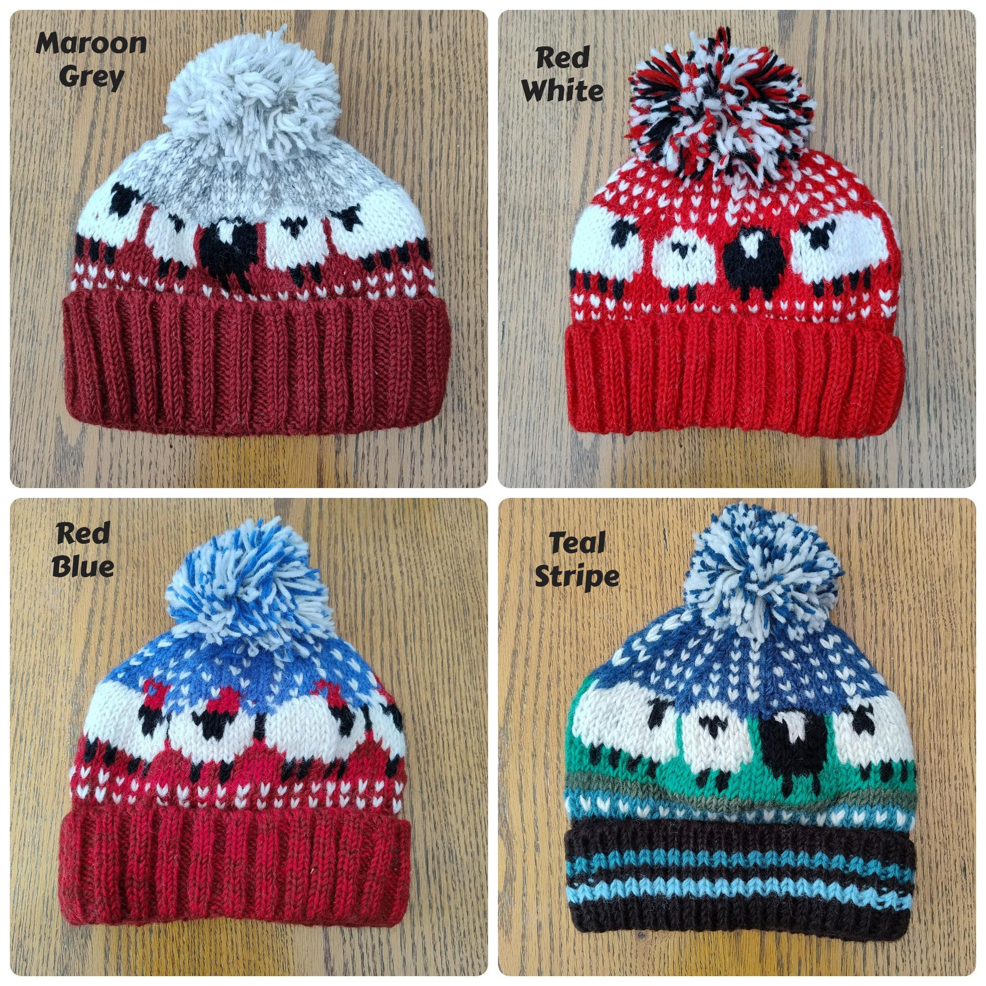 Black Sheep Hand Knitted Wool Bobble Hat Fleece Lined Beanie Bright ...