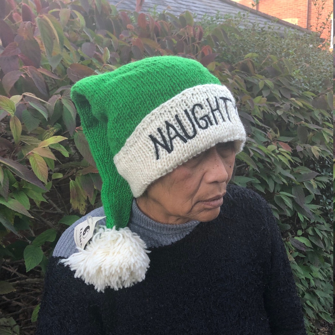 Naughty Elf Green Wool Knit Christmas Hat Hand Knitted Fleece Lined Fun ...