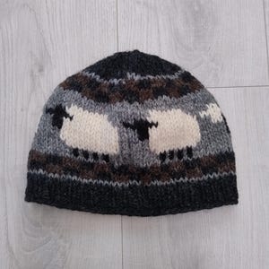 Sheep Beanie Hat Charcoal Grey Hand Knitted Wool Fleece Lined Fun Farm ...