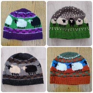 Sheep Beanie Hat Charcoal Grey Hand Knitted Wool Fleece Lined Fun Farm ...
