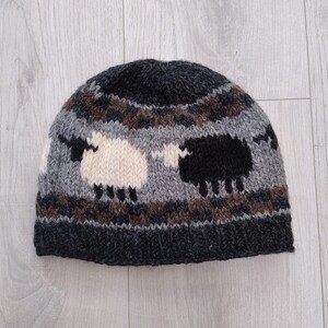 Sheep Beanie Hat Charcoal Grey Hand Knitted Wool Fleece Lined Fun Farm ...