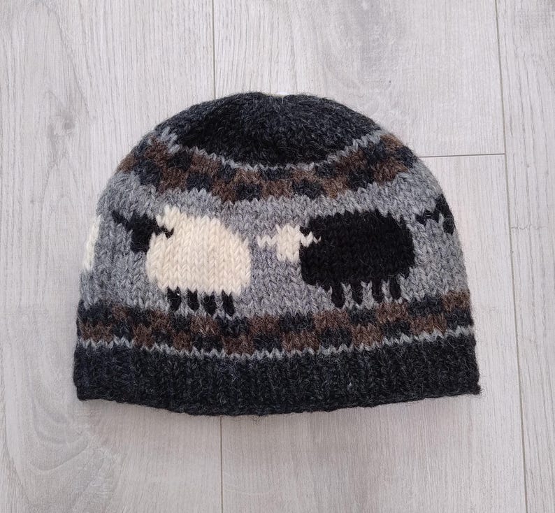 Sheep Beanie Hat Charcoal Grey Hand Knitted Wool Fleece Lined Fun Farm ...