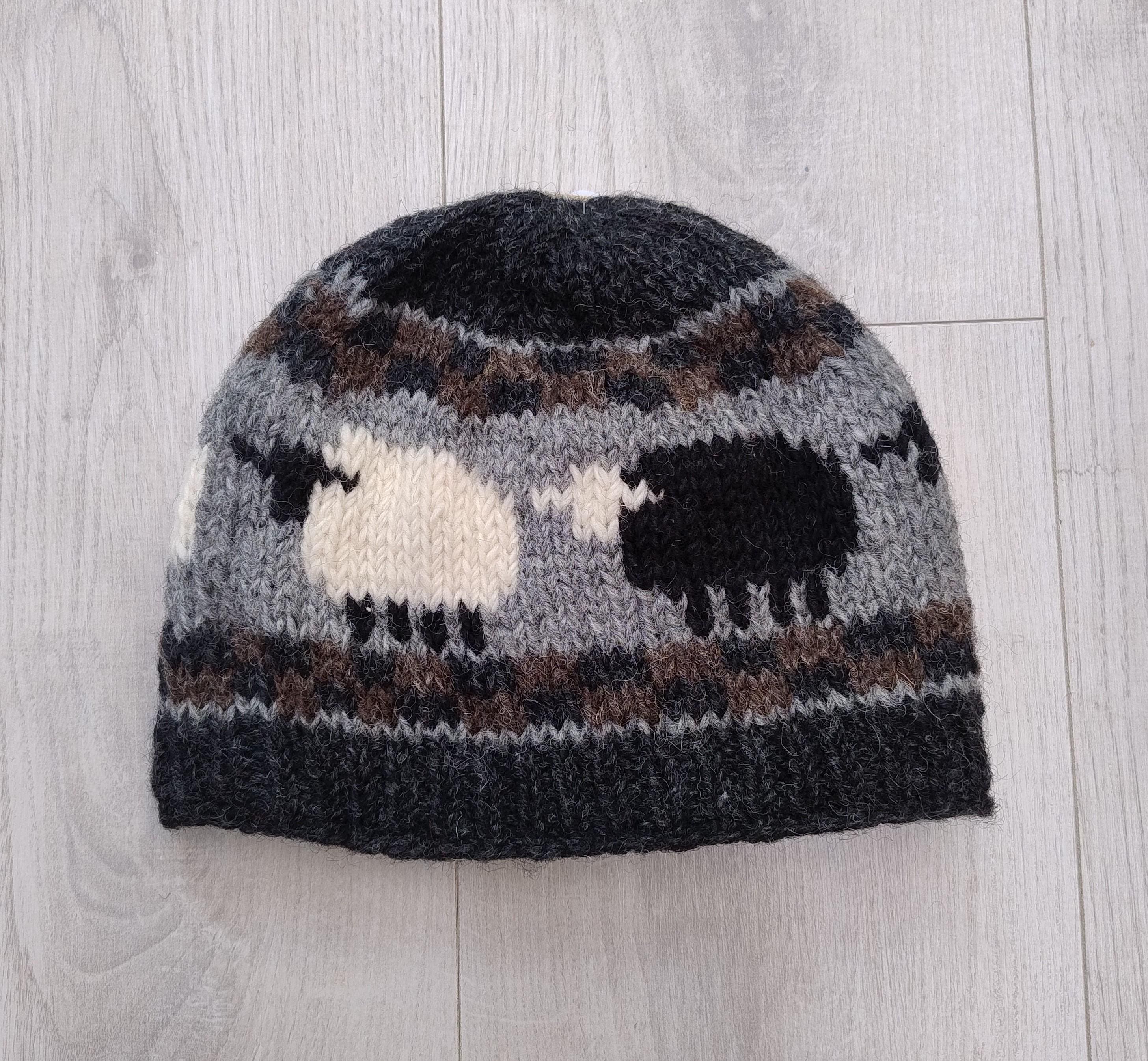 Sheep Beanie Hat Charcoal Grey Hand Knitted Wool Fleece Lined Fun Farm ...