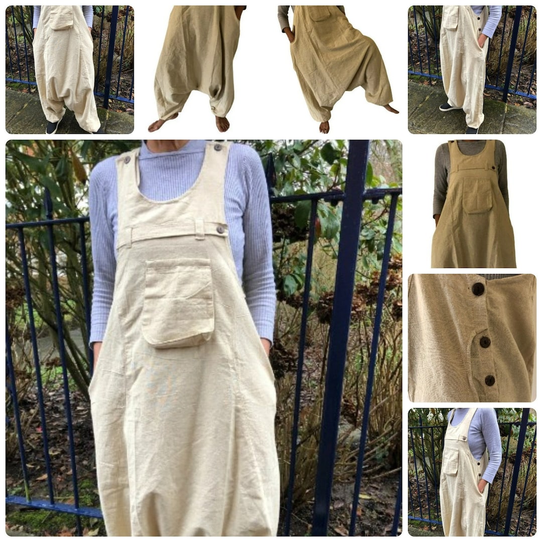 Cream Natural Hemp Cotton Drop Crotch Harem Dungarees Plain Lightweight ...