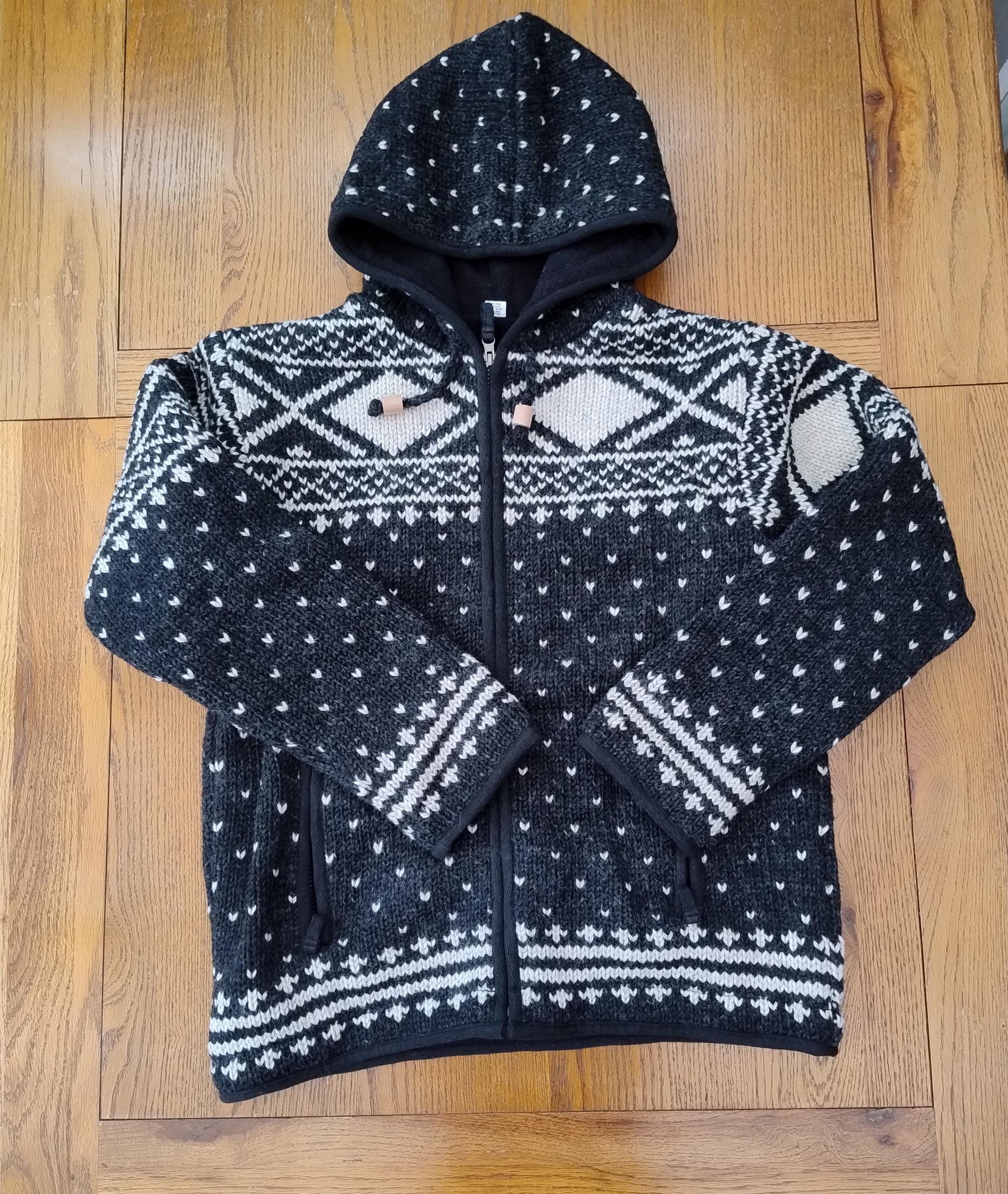 Fairisle Wool Cardigan Fleece Lined Warm Knit Hooded Jacket Hand ...