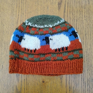 Sheep Beanie Hat Orange Green Hand Knitted Wool Fleece Lined Fun Farm ...