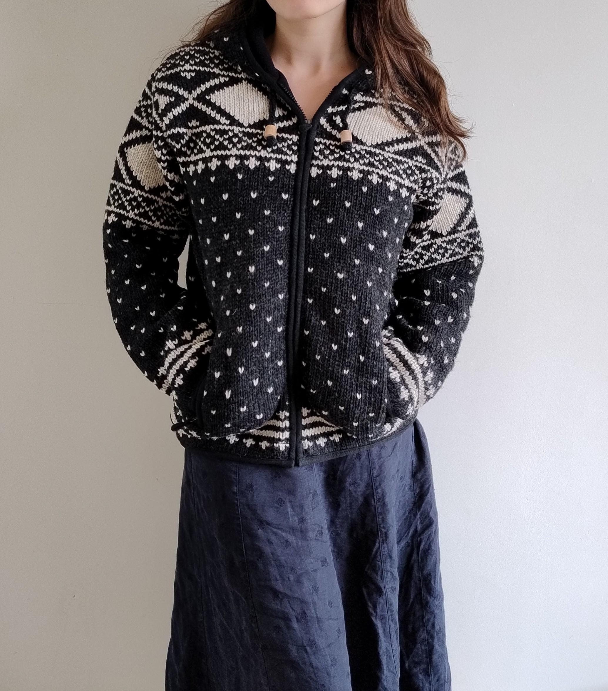 Fairisle Wool Cardigan Fleece Lined Warm Knit Hooded Jacket Hand ...