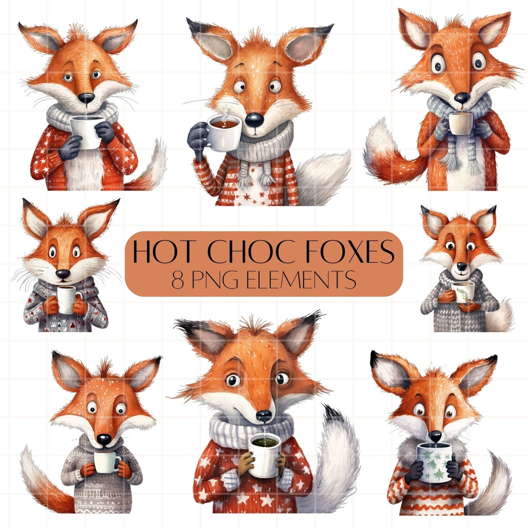 Christmas Foxes Drinking Hot Chocolate Cute Festive Clipart - Etsy