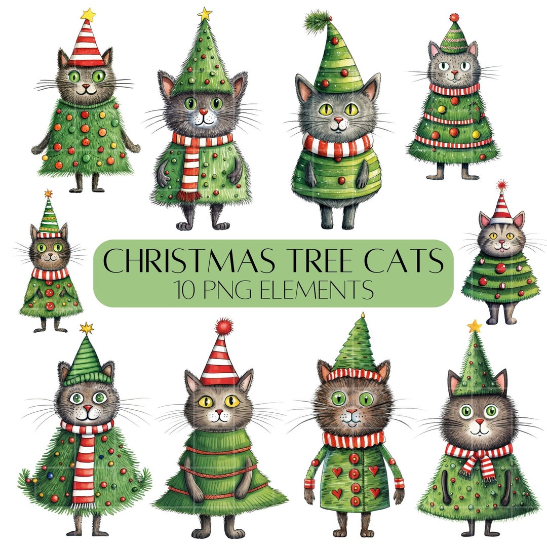 Christmas Tree Cat Clipart Set Cute Illustrated Cats for Use in ...