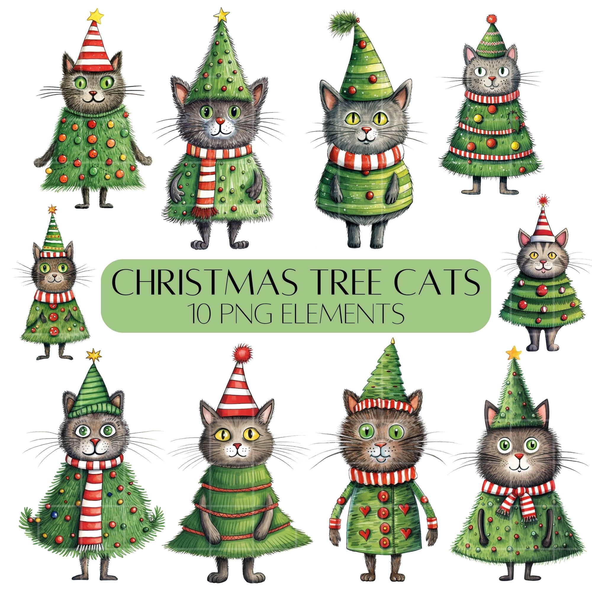 Christmas Tree Cat Clipart Set Cute Illustrated Cats for Use in ...