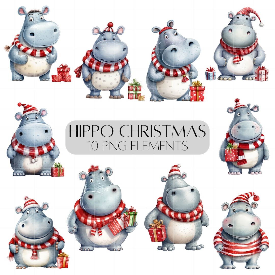Hippo Clipart Set Christmas Hippos Hippopotamus Clipart for Christmas ...