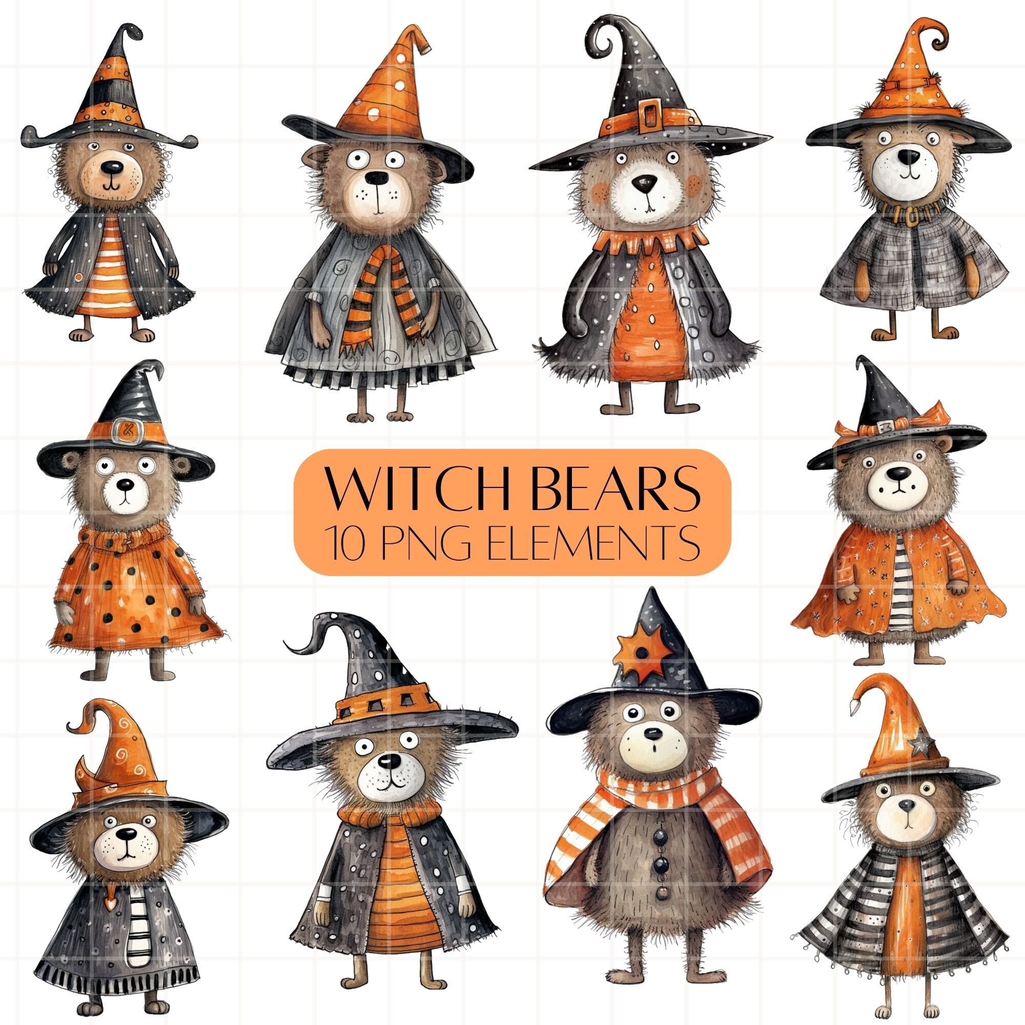 Witch Bears Halloween Clipart Set Cute Illustrated Bears Halloween Characters PNG Commercial Use ...