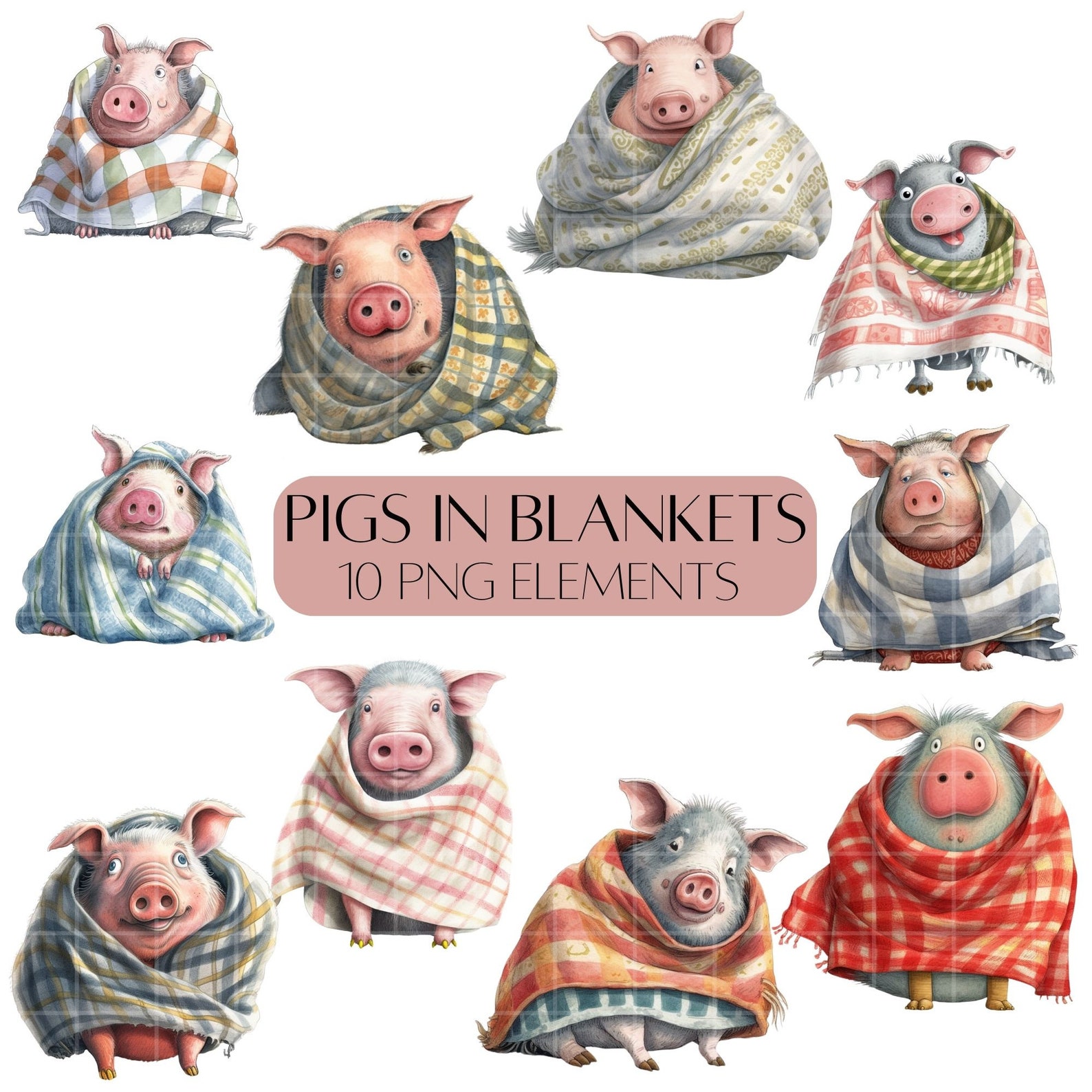Pigs in Blankets Clipart Set, Commercial Use, 10 PNG Elements, Pig ...