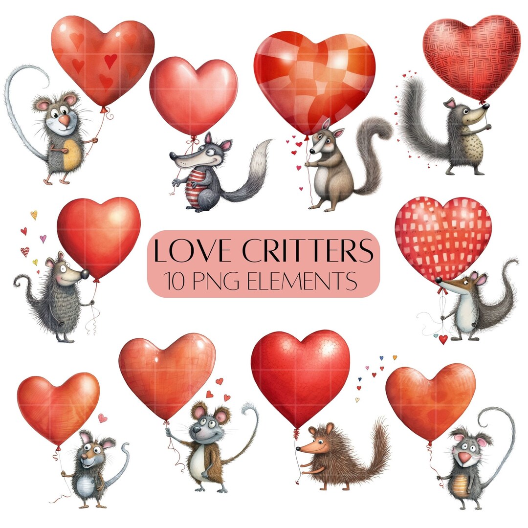 Love Heart Clipart Cute Valentine's Characters Animals Holding Balloons ...