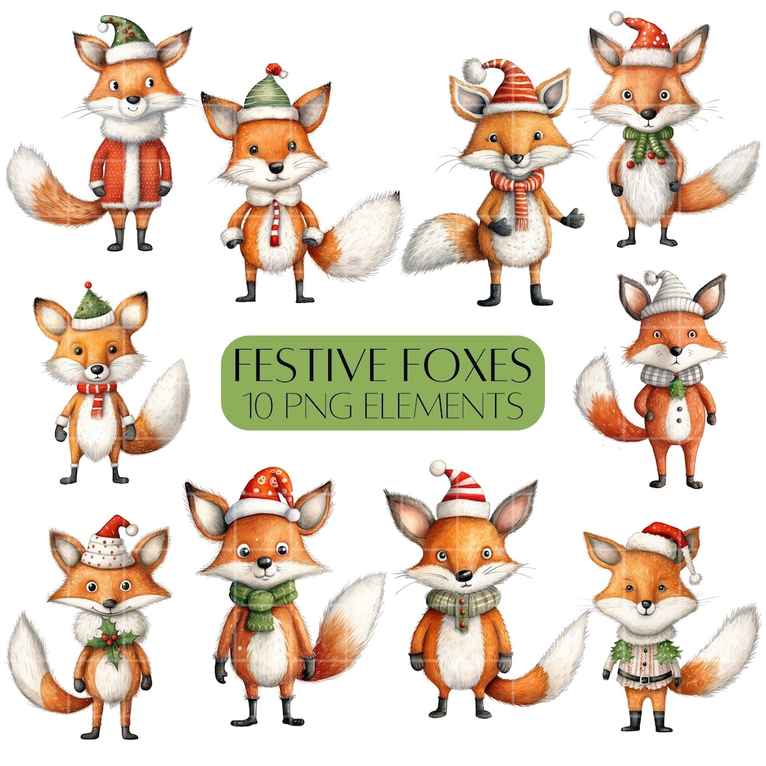 Fox Clipart Set Cute Festive Foxes for Christmas Cards PNG Commercial ...