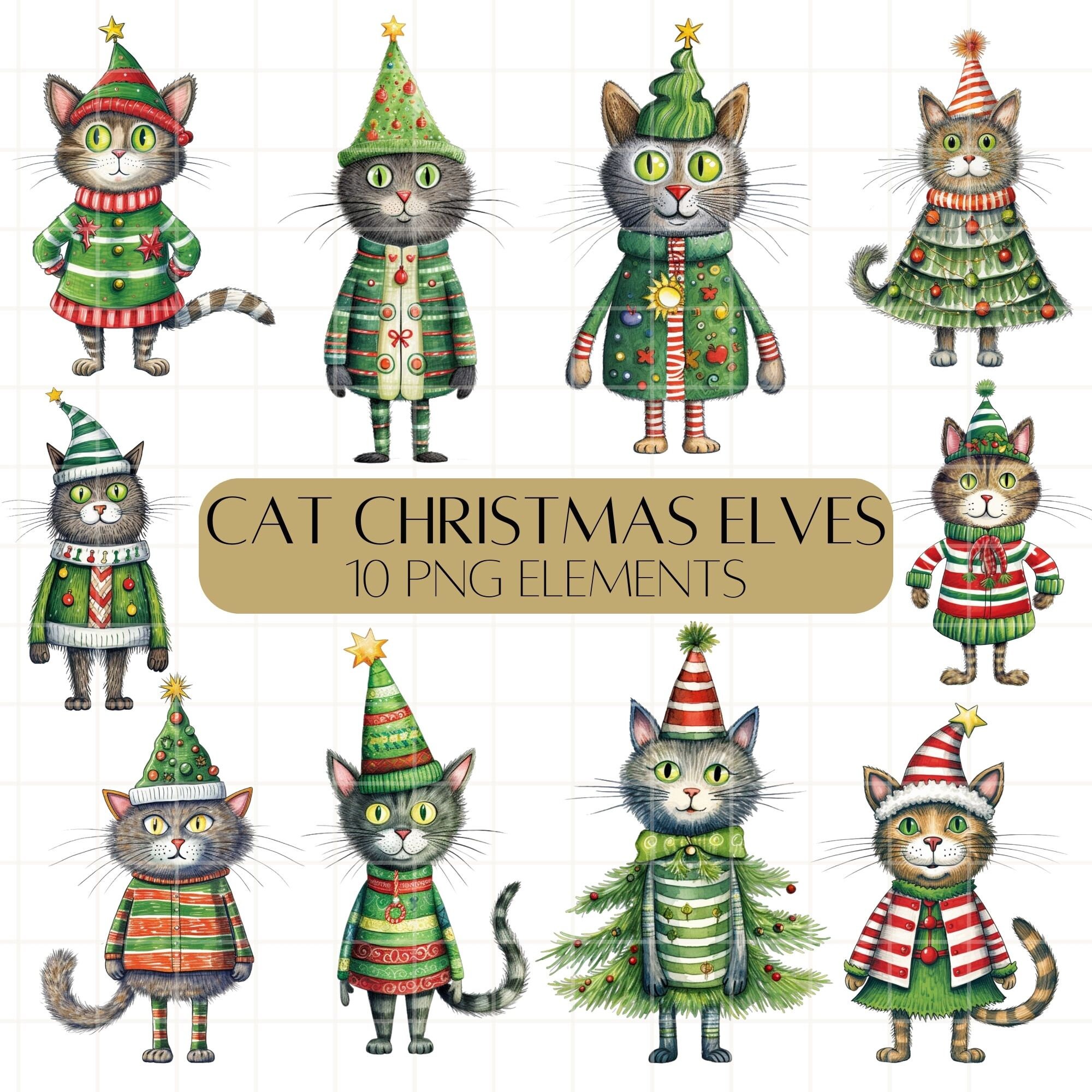 Christmas Elf Clipart Festive Cats PNG Commercial Use Cute Cats for ...