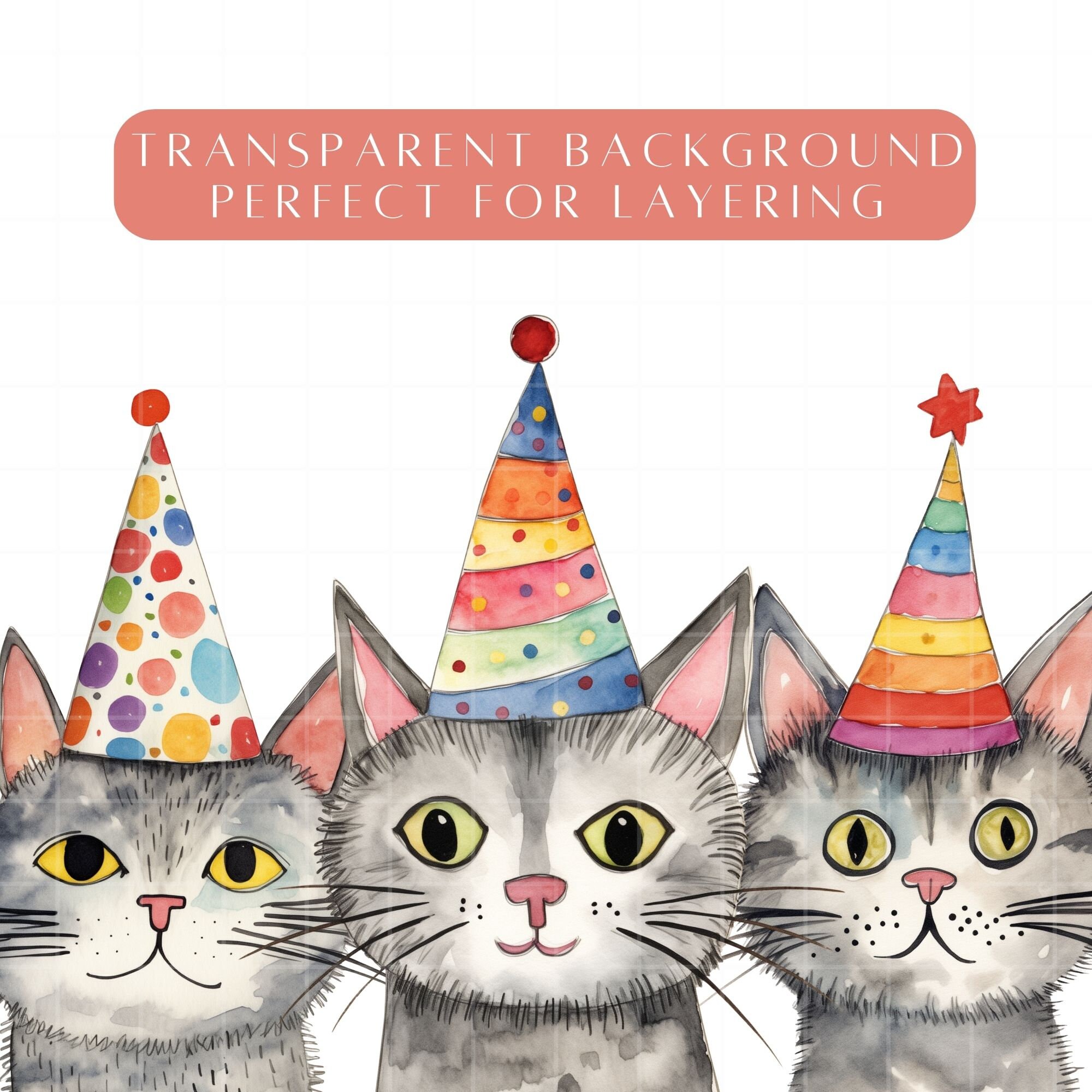 Cats in Party Hats Clipart Set for Birthday Invitations PNG for ...