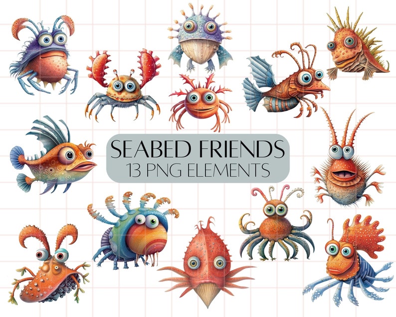 Ocean Themed Clipart Set Seabed Creature Cute Character Clipart Bundle ...