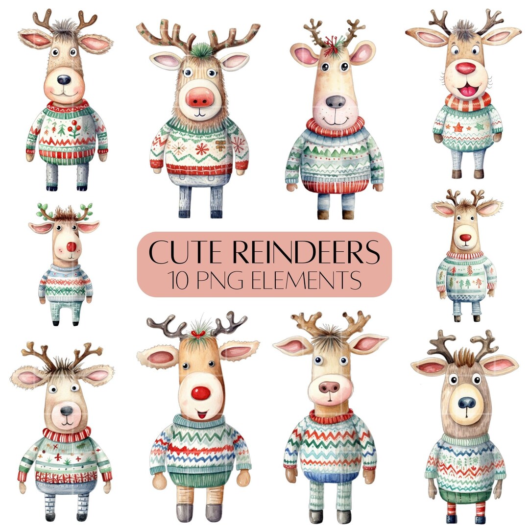 Christmas Clipart Pack Cute Reindeers PNG Commercial Use Card Marking ...