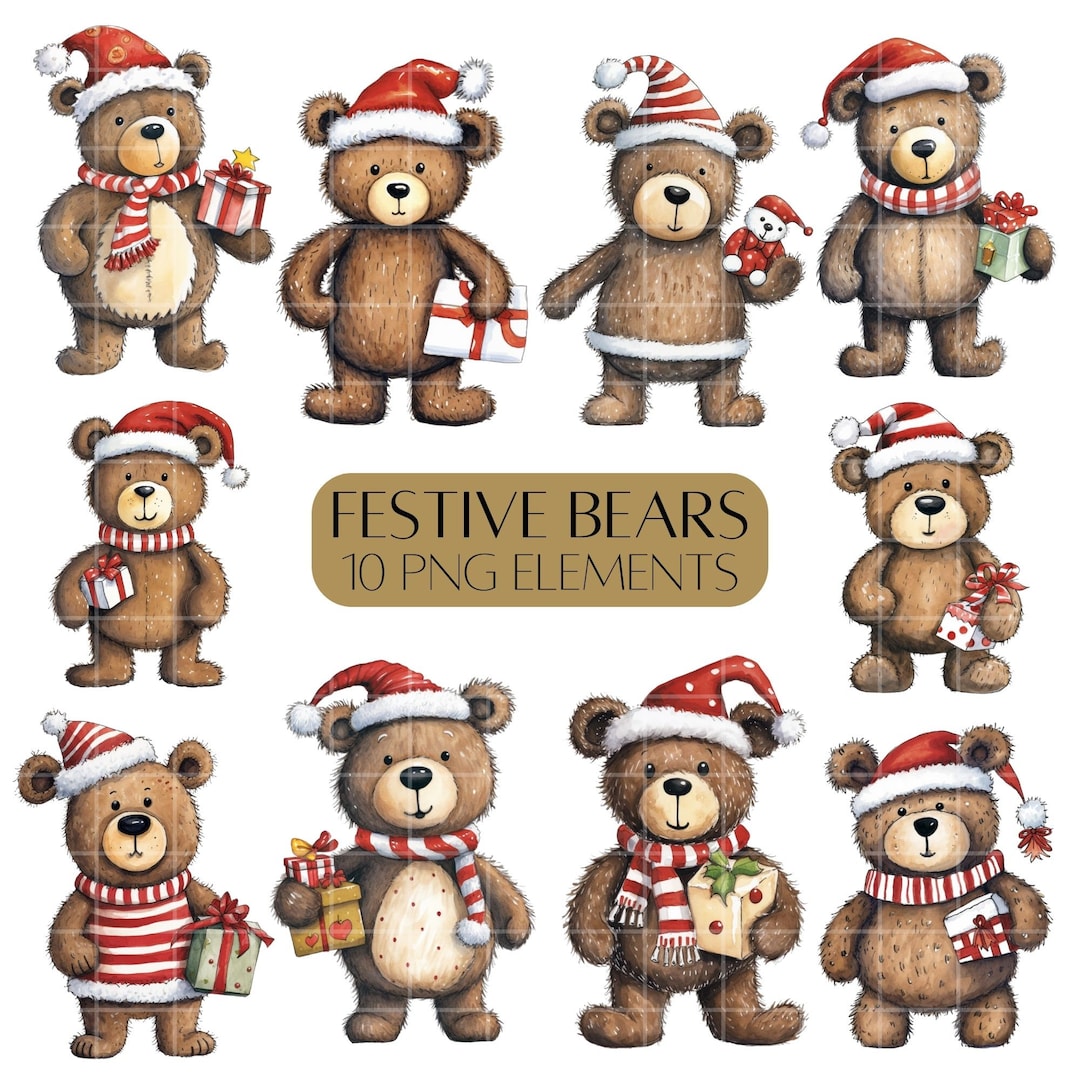 Christmas Clipart Cute Festive Bears PNG Commercial Use Bears Holding ...