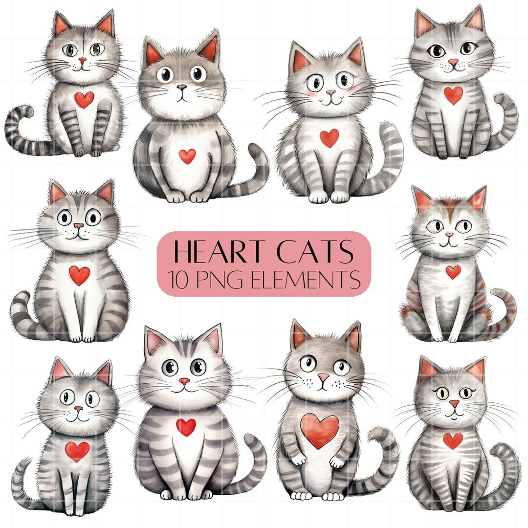 Cute Cat Valentine's Clipart Set Cats With Love Hearts PNG Commercial ...