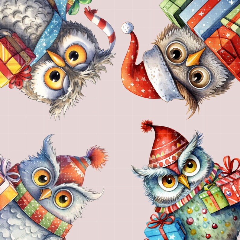 Owl Christmas Clipart Set Owls Holding Christmas Presents Commercial ...