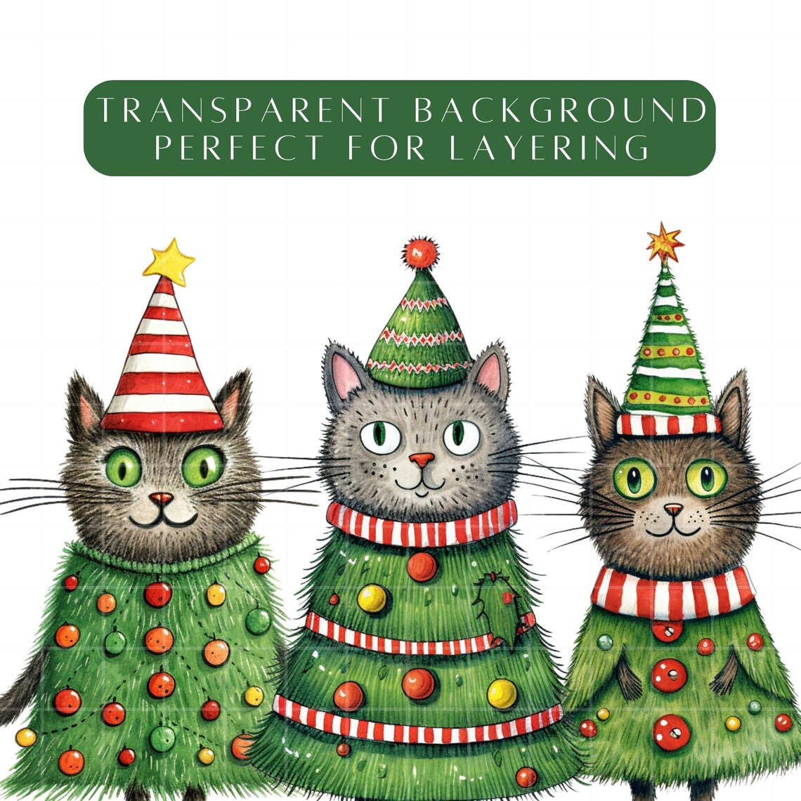 Christmas Tree Cat Clipart Set Cute Illustrated Cats for Use in ...