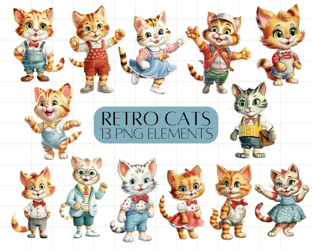 Retro Cat Clipart Pack 13 Elements PNG Commercial Use Cats in - Etsy