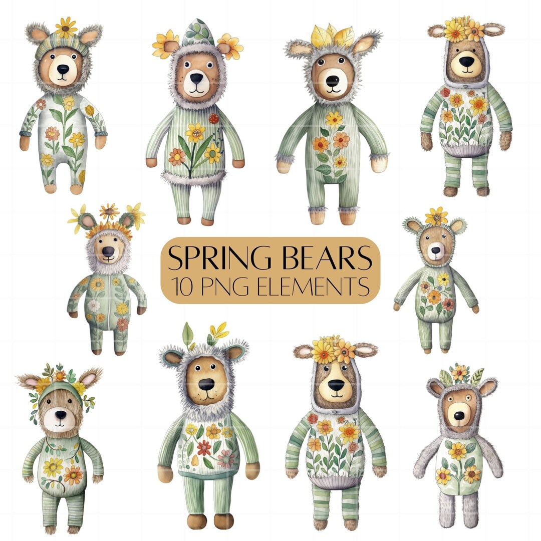 Spring Clipart Cute Bears With Flower Crowns PNG Party Invitation ...