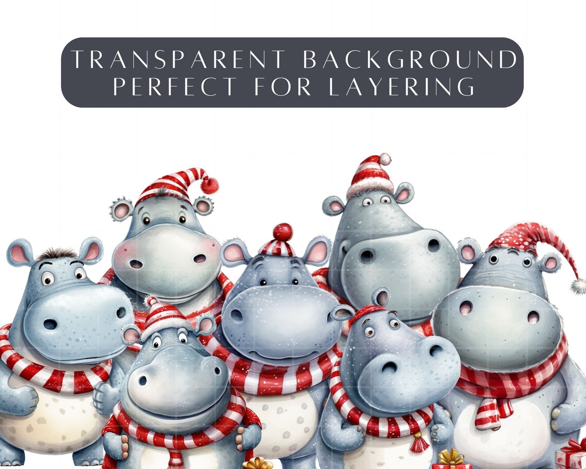 Hippo Clipart Set Christmas Hippos Hippopotamus Clipart for Christmas ...