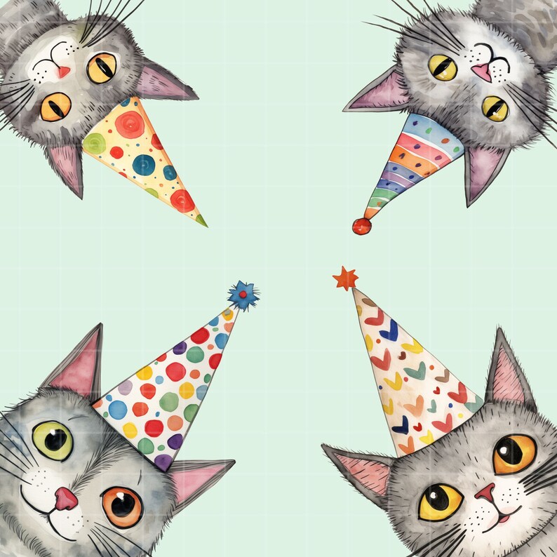Cats in Party Hats Clipart Set for Birthday Invitations PNG for ...