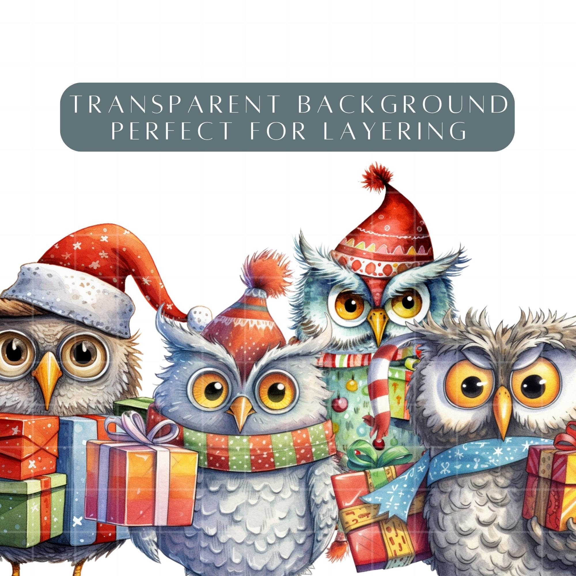 Owl Christmas Clipart Set Owls Holding Christmas Presents Commercial ...