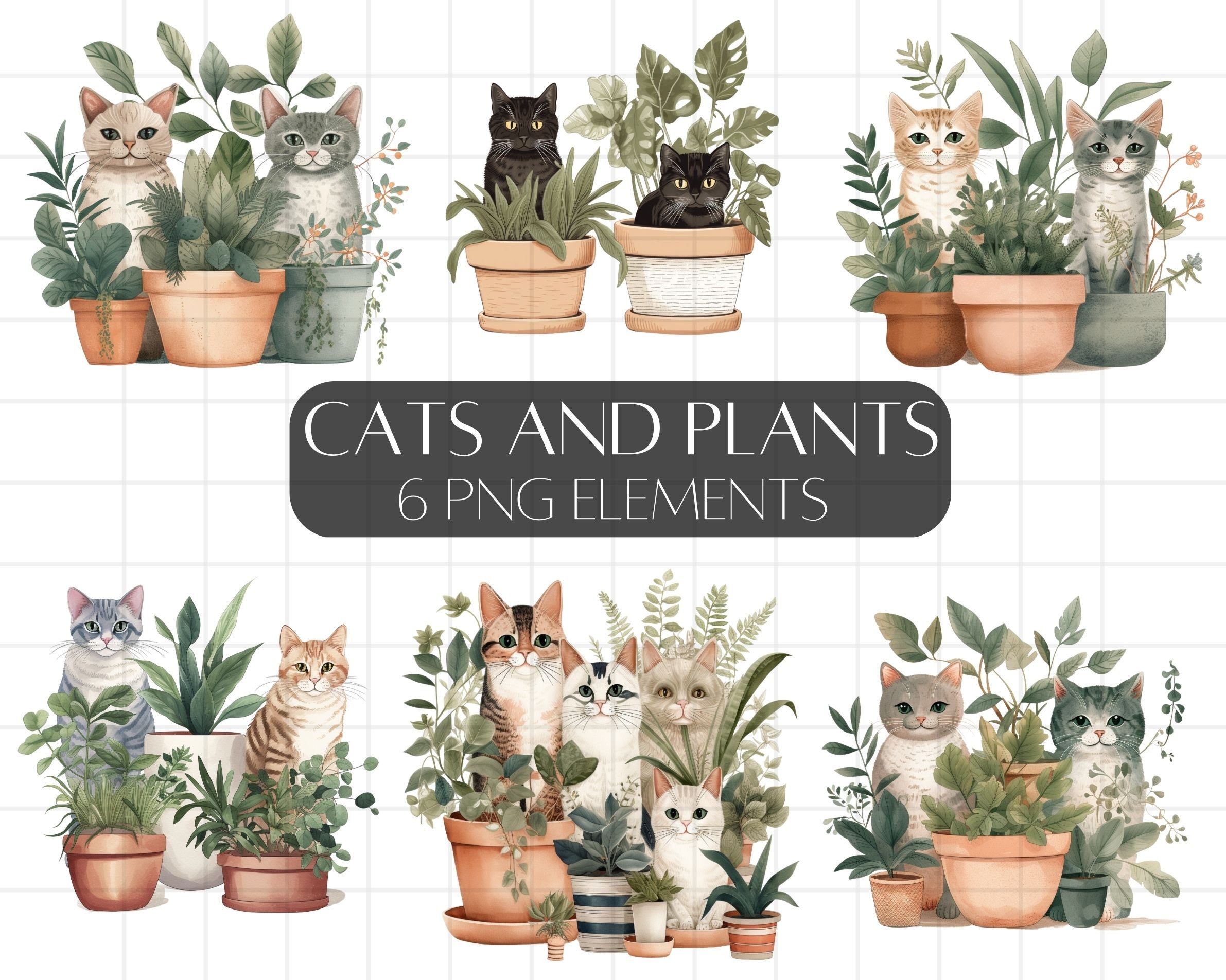 Cats and Plants Clipart Set Cat Lovers Plant Lovers Mother's Day ...