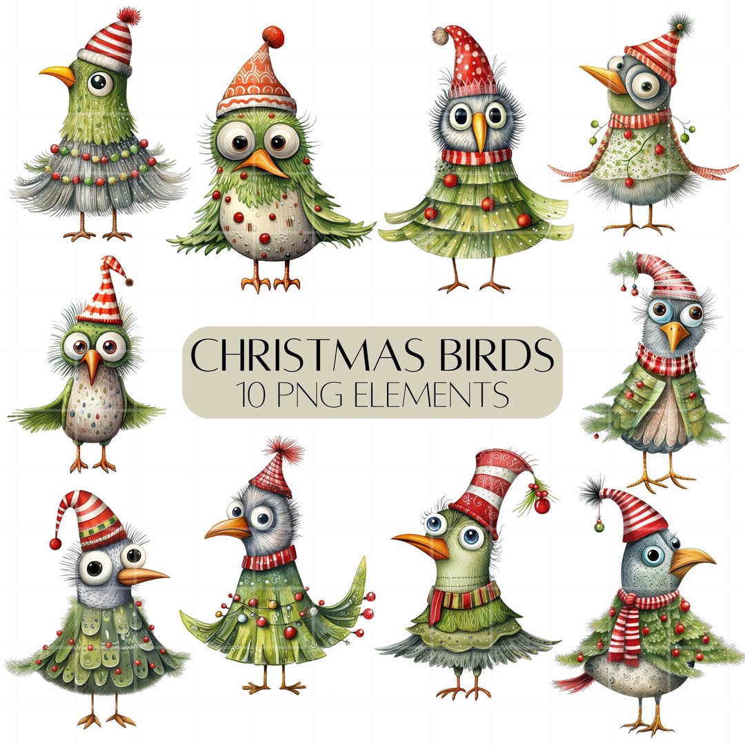 Christmas Clipart Birds Dressed as Christmas Trees Cute Illustrated ...