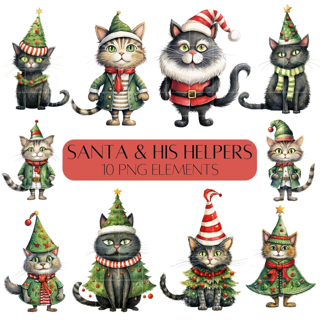 Christmas Clipart Set Santa and His Helpers Cat Santa Cute Festive ...