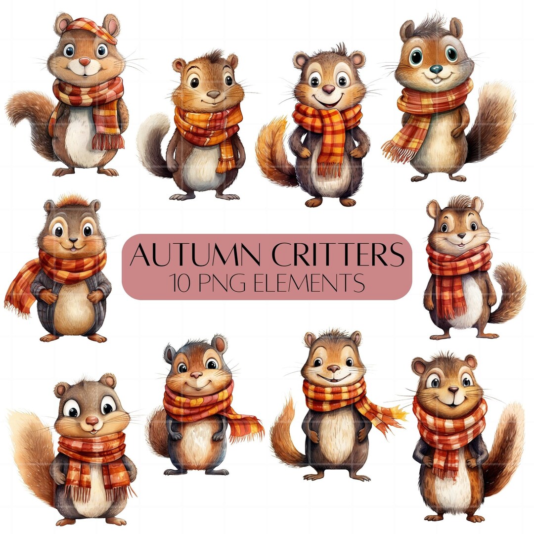 Autumn Themed Clipart Set Cute Forest Animals in Scarves PNG Commercial ...