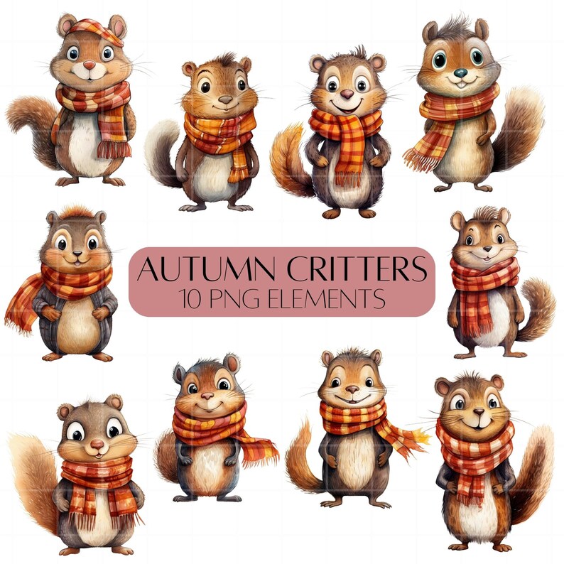 Autumn Themed Clipart Set Cute Forest Animals in Scarves PNG Commercial ...