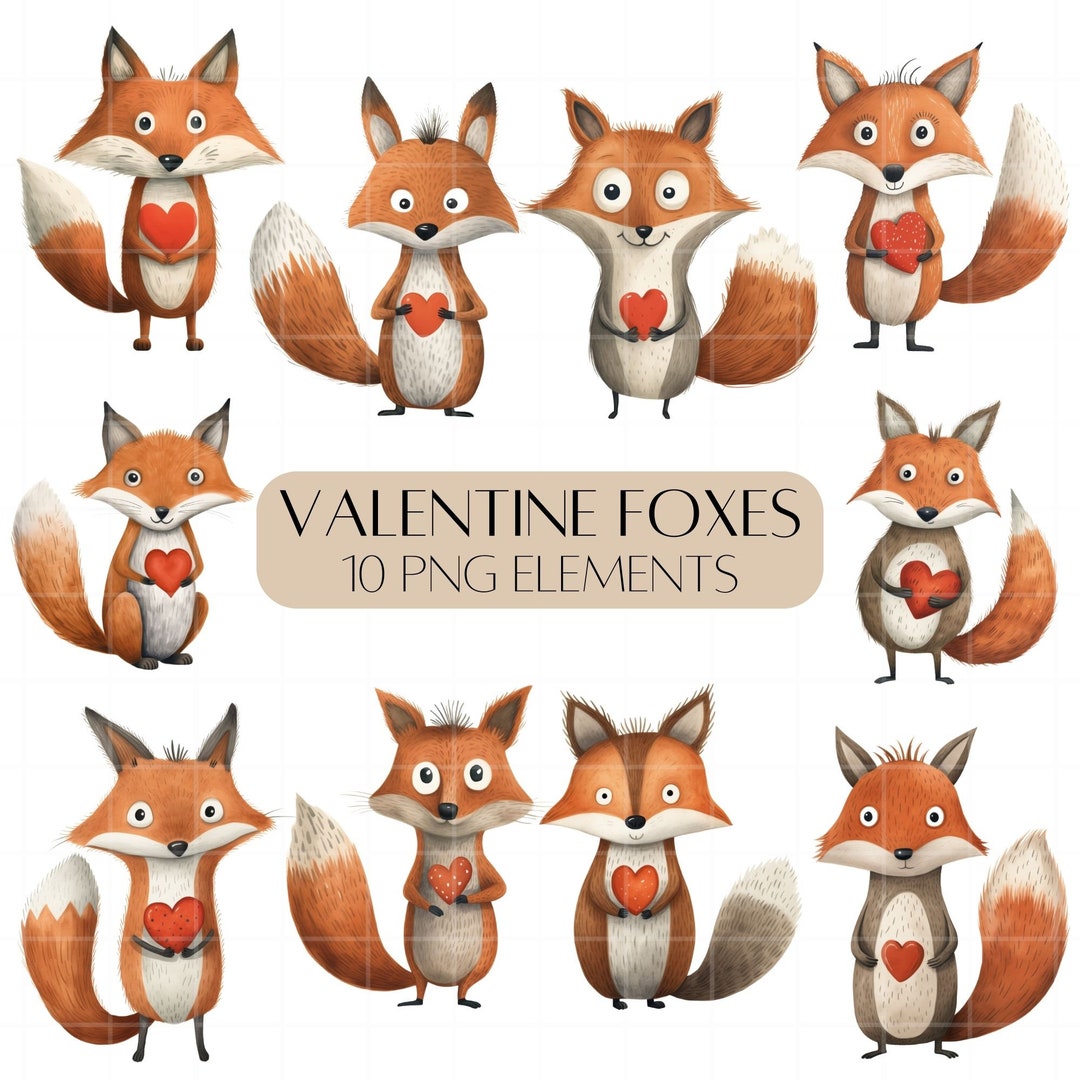 Valentine Fox Clipart Foxes Holding Love Hearts Cute PNG Clipart Sets ...