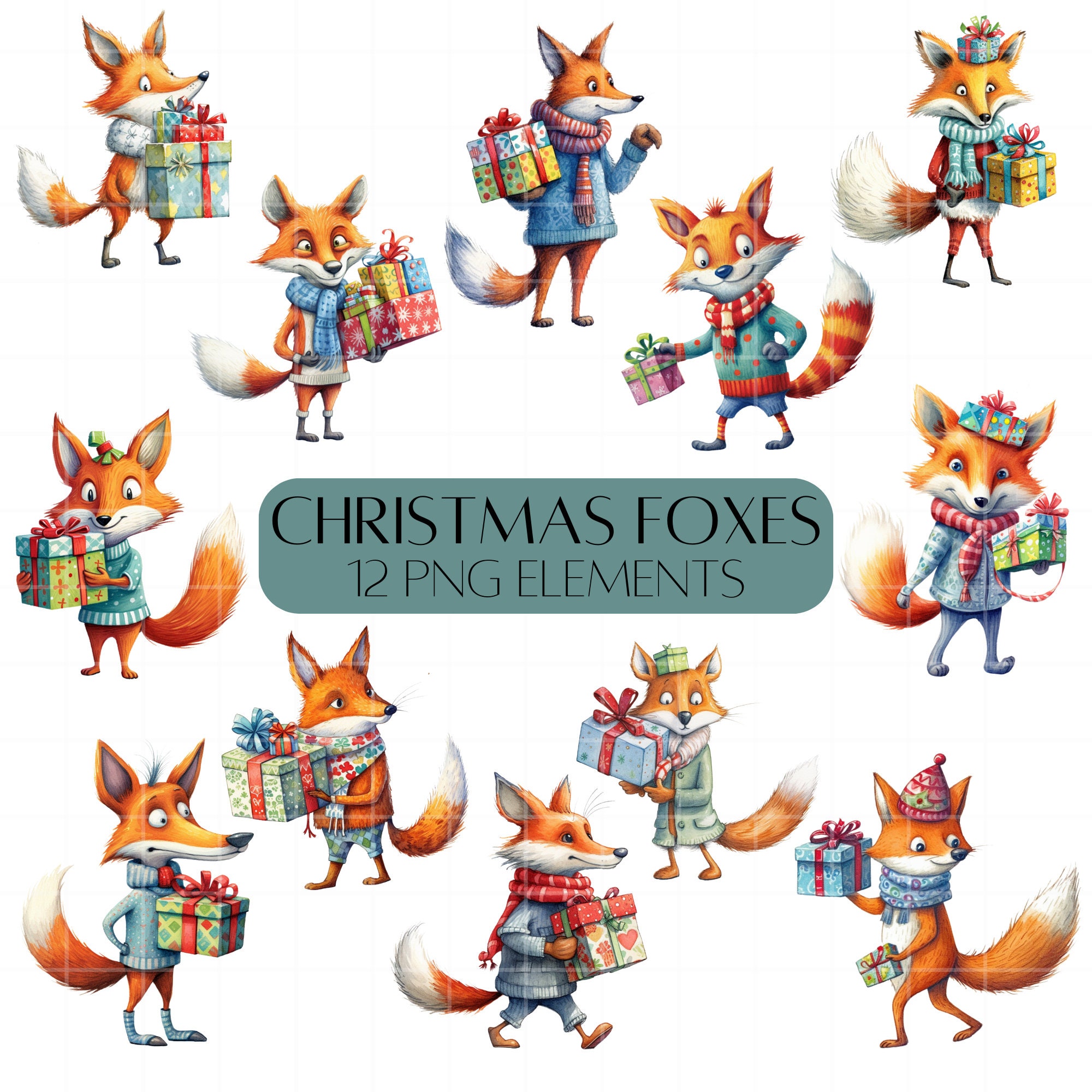 Christmas Clipart Elements Foxes Carrying Presents Cute Festive Themed ...