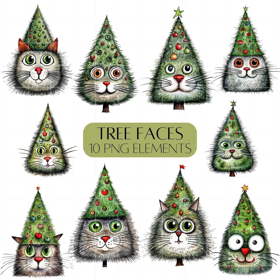 Christmas Cat Clipart Cats in Christmas Trees PNG Commercial Use ...