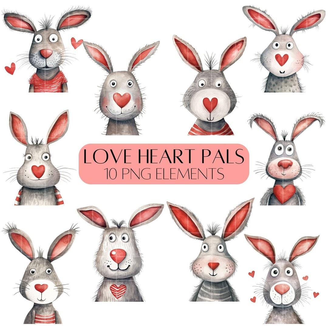 Valentine Clipart Bundle Cute Illustrated Animals With Love Heart Noses ...