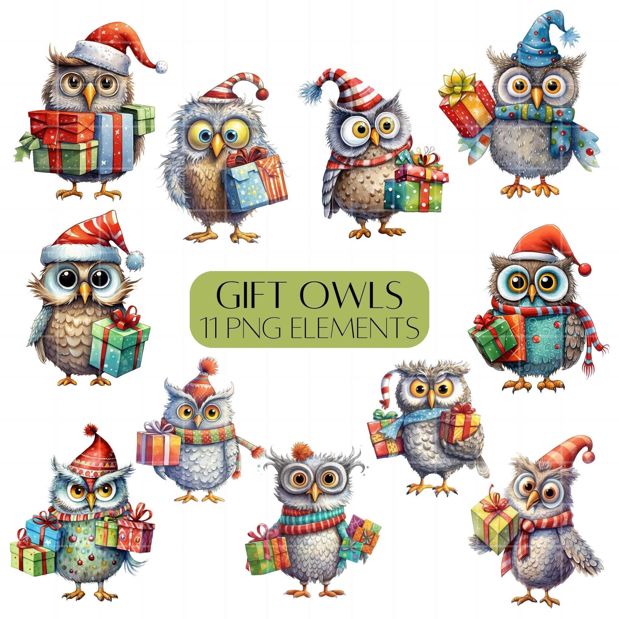 Owl Christmas Clipart Set Owls Holding Christmas Presents Commercial ...