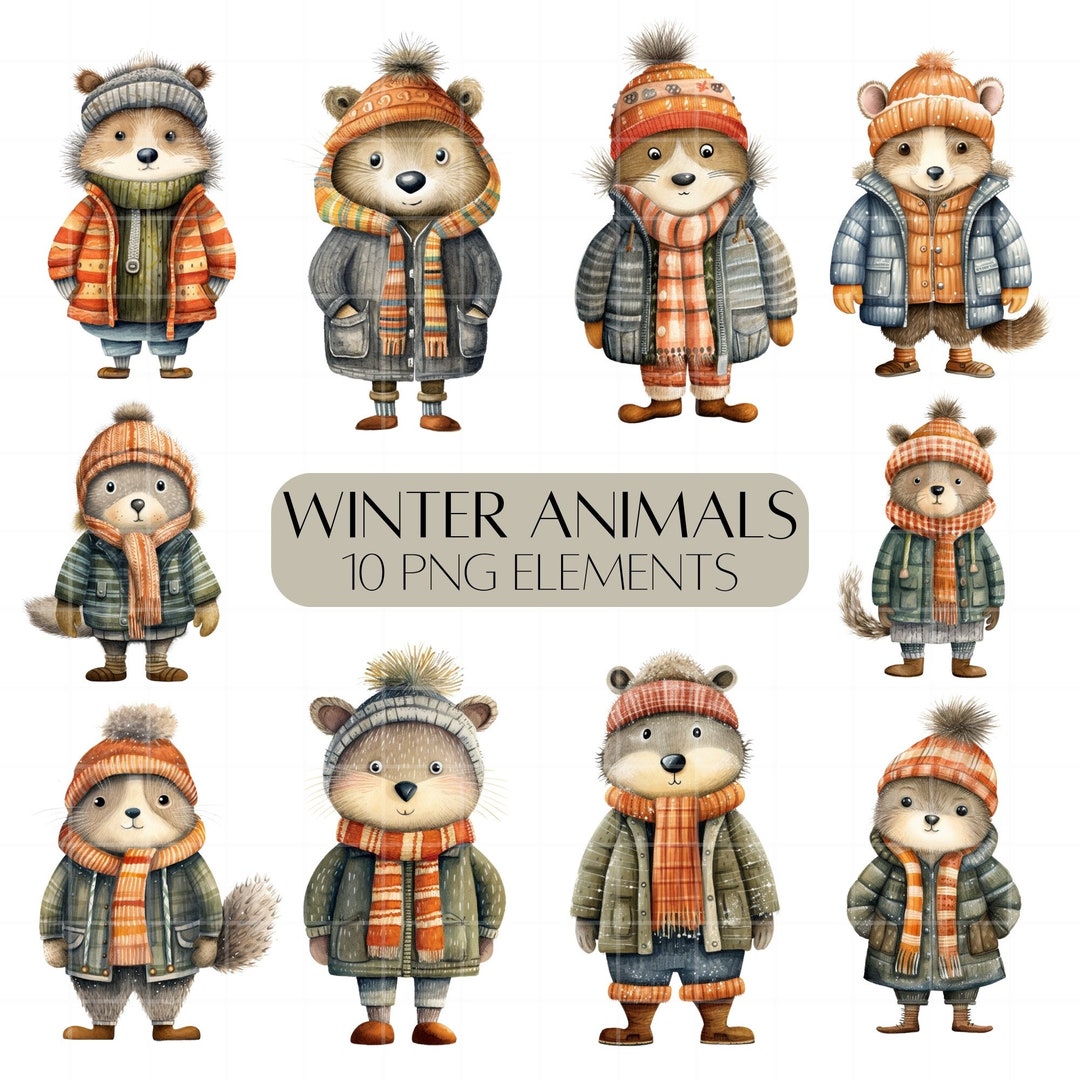 Winter Clipart Set Forest Animals in Winter Clothes Cute Clipart for ...