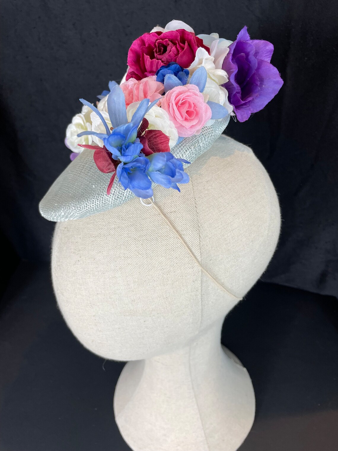 Pale Blue Headpiece With Multi-coloured Silk Flowers. Hat for Weddings ...