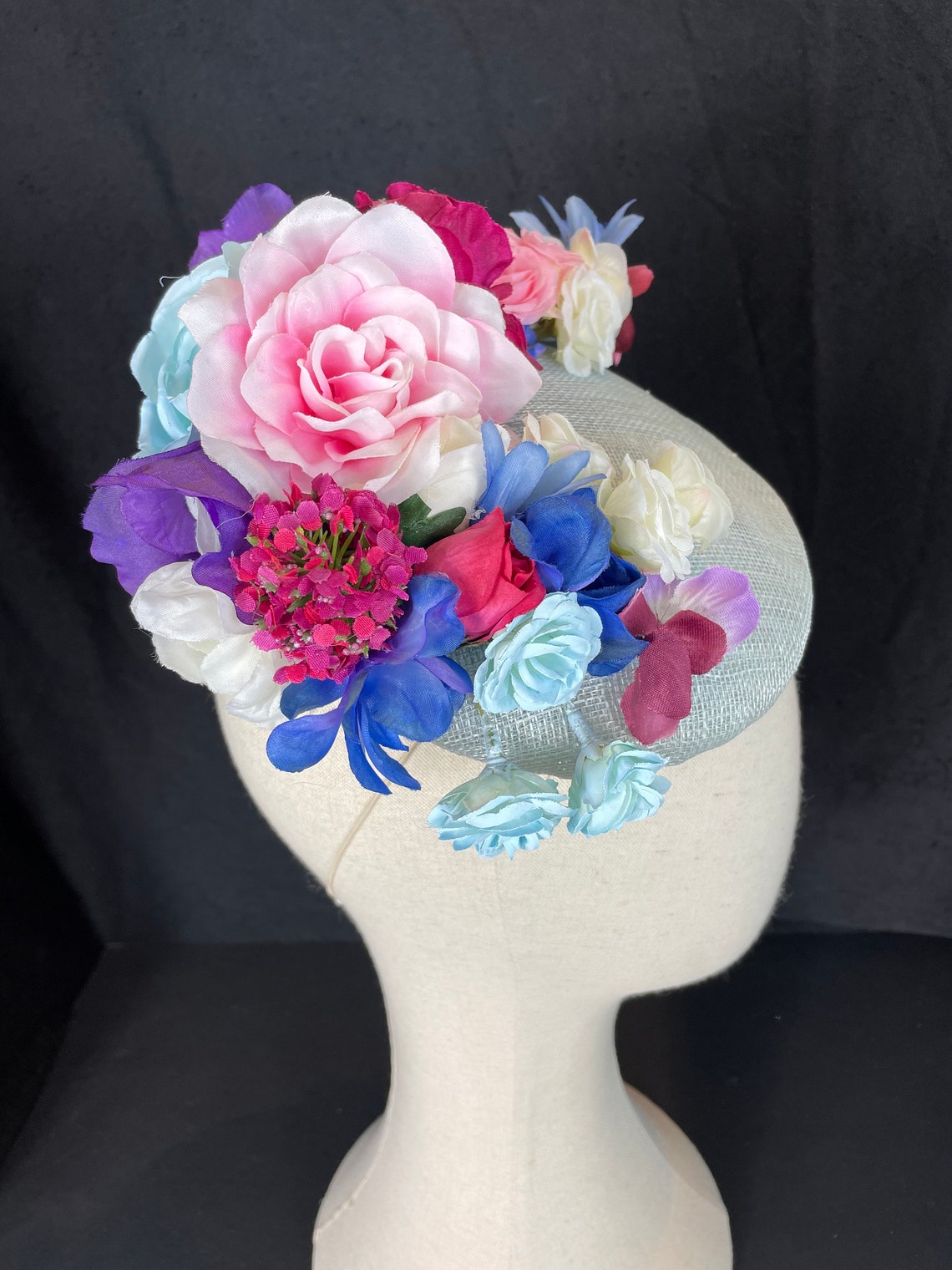 Pale Blue Headpiece With Multi-coloured Silk Flowers. Hat for Weddings ...