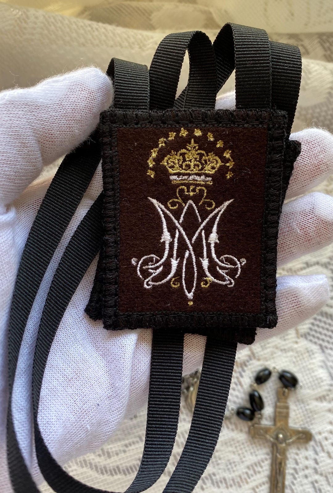 MANTLE OF MARY® Premade Brown Scapular White I.H.S. White and Light ...
