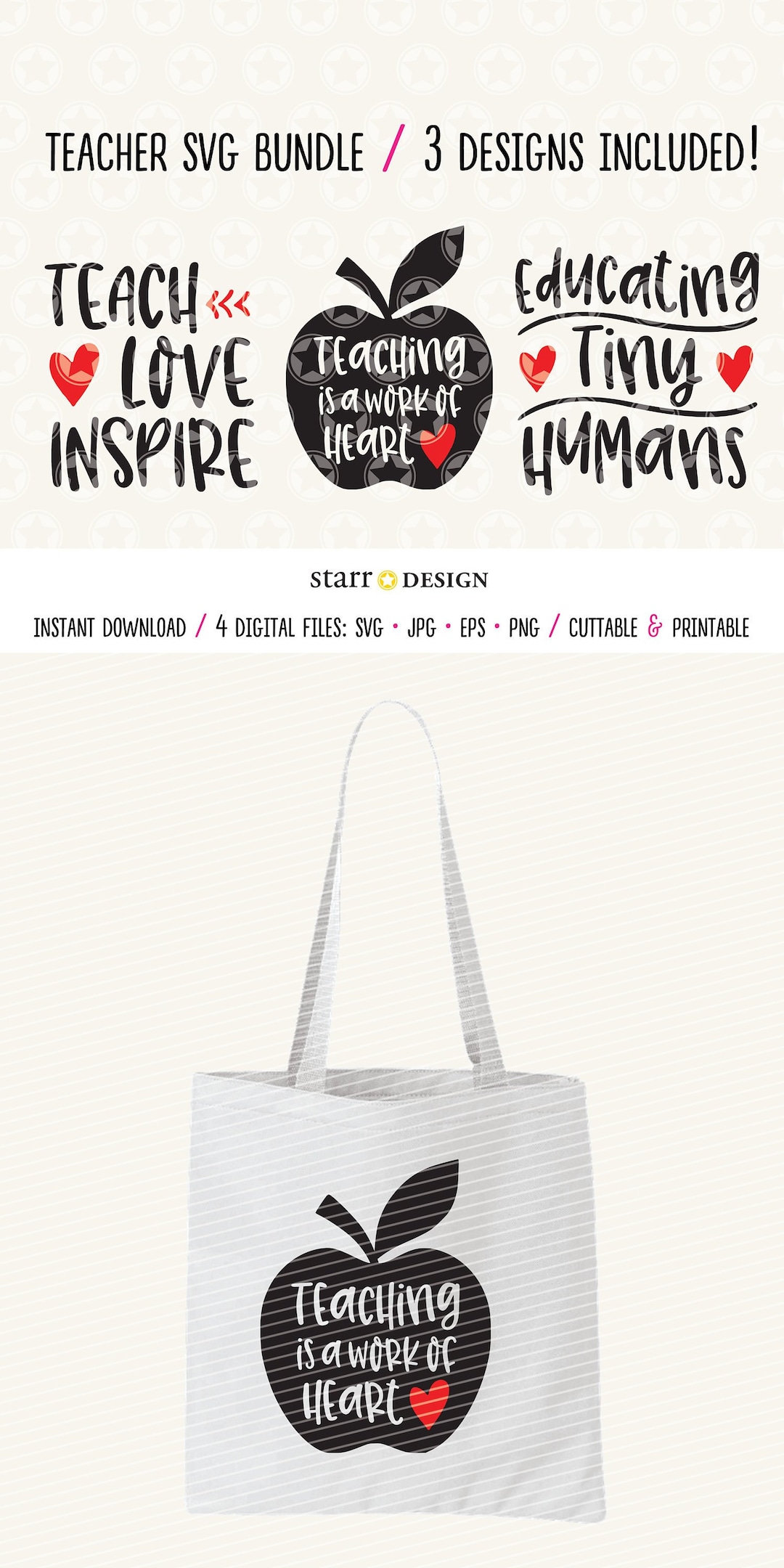 Teacher SVG Bundle, Teach, Love, Inspire, Teaching is a Work of Heart ...
